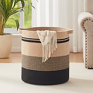 Woven Laundry Basket Hamper, 80L Tall Basket for Blanket Storage, Cotton Rope Decorative Storage for Living Room, Dirty Clothes Basket, Baby Hamper for Nursery (Black & Brown)