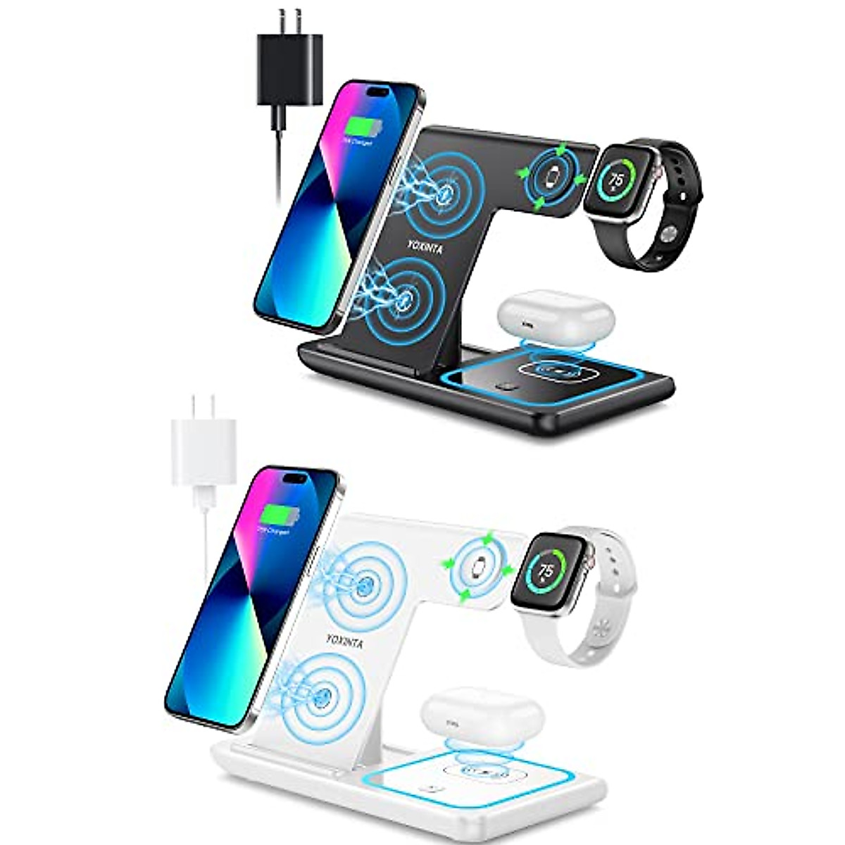 YOXINTA Wireless Charger, 3 in 1 Wireless Charging Station, Fast Wireless Charger Stand for iPhone 14/13/12/11/Pro/Max/XS/XR/X/8/Plus, iWatch 7/6/5/4/3/2/SE, AirPods 3/2/Pro(Black+White)