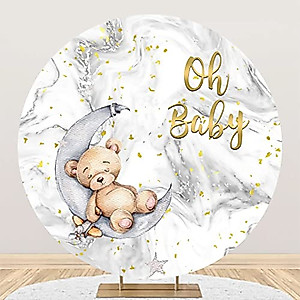 Canessioa 7.5x7.5ft Oh Baby Bear Round Backdrop Cover Gold Sequins Abstract Grey White Marble Texture Baby Shower Round Backdrop Polyester Gender Reveal Party Newborns Boy Baby Shower Round Backdrop