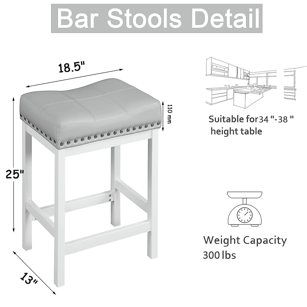 OUllUO Gray White Bar Stools Set of 2, Counter Height Bar Stools, Saddle Barstools, Pu Leather Stools with Metal Frame for Kitchen Island, 918P-NG