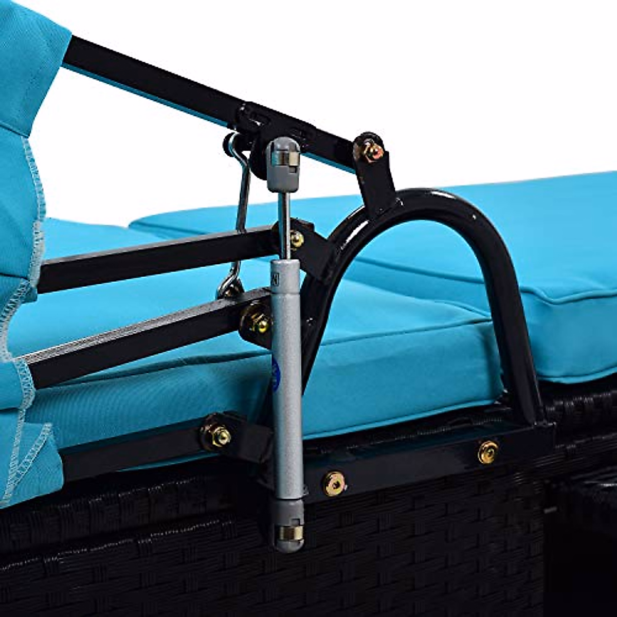 Merax Blue Outdoor Wicker Lounge Chaise with Cushions,Canopy and Cup Table Singe Pool Loungers Chairs Black, 1 Set