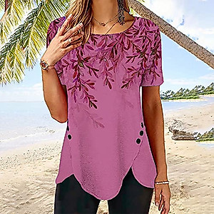 Ceboyel Womens 2023 Floral Print Summer Tops Dressy Trendy Shirts Short Sleeve Casual Blouses Trendy Ladies Clothes Womens Tshirts Red l