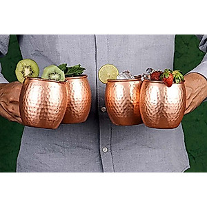 Prisha India Craft Set of 4 Moscow Mule Solid Copper Mug 16 OZ - 100% Pure Copper Hammered Lacquered Finish, Cocktail Cup, Copper Mugs, Cocktail Mugs with No Inner Linings
