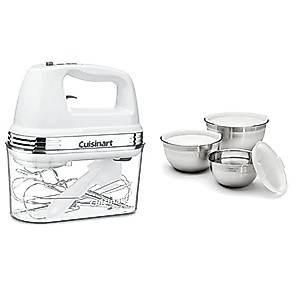 Cuisinart HM-90S Power Advantage Plus 9-Speed Handheld Mixer with Storage Case, White & CTG-00-SMB Stainless Steel Mixing Bowls with Lids, Set of 3