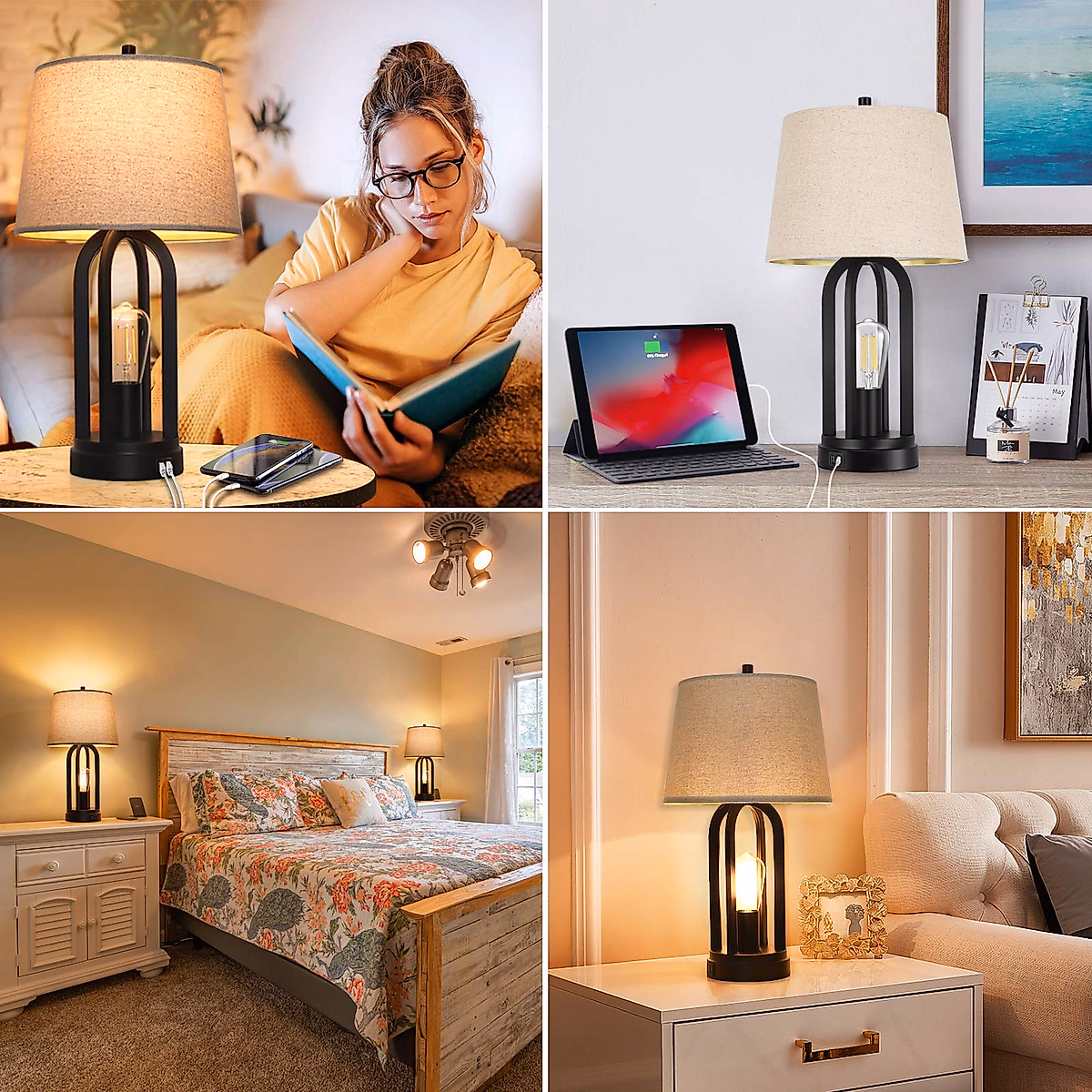 Touch Bedside Table Lamps with Rotary Switch Set of 2, 3-Way Dimmable Bedroom Living Room Lamps with USB Charging Ports, Industrial Nightstand Lamp with Fabric Lampshade for Reading, Bulbs Included