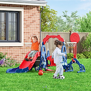 NYEEKOY 5 in 1 Toddler Slide and Swing Playset Indoor Outdoor Kids Slide for Toddler Age 1-8, Toddler Playground with Basketball Hoop and Long Slide, Backyards Silde Sets for Baby