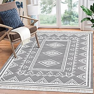 GarveeHome 8x10 Washable Rug Boho Accent Throw Floor Cover Farmhouse Bordered Area Rug Non Slip Low Pile Indoor Bohemian Area Rug Large Living Room Moroccan Rug Dining Room Bedroom Rug Carpet, Grey