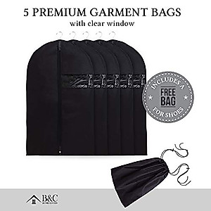 Garment Bags with Shoe Bag - Breathable Garment Bag Covers Set of 5 for Suit Carriers, Dresses, Linens, Storage or Travel - Suit Bag with Clear Window