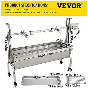 VEVOR 132 LBS Rotisserie Grill Roaster, 40W BBQ Small Pig Lamb Rotisserie Roaster, 50 Inch Stainless Steel Charcoal Spit Rotisserie Roaster Grill for Camping and Outdoor Barbecue