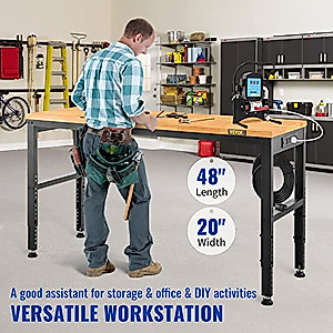 VEVOR Adjustable Workbench, 48" L X 20" W Garage Table w/ 28.3" - 38.1" Heights & 2000 LBS Load Capacity, with Power Outlets & Hardwood Top & Metal Frame & Foot Pads, for Office Home Garage