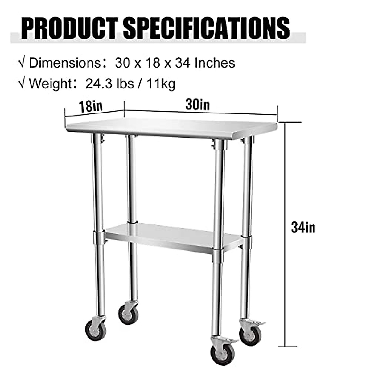 Hasopy Stainless Steel Table for Prep, Heavy Duty Work Table with 4 Casters for Commerical Kitchen, Restaurant, Home and Hotel (30'' X 18'')