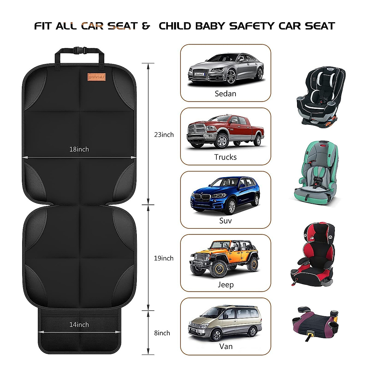 Car Seat Protector, [1 Pack] Large Auto Car Seat Protectors for Child Seats with Thickest Padding and Non-Slip Backing Mesh Pockets for SUV, Sedan, Truck, Leather and Fabric Car Seat - Black