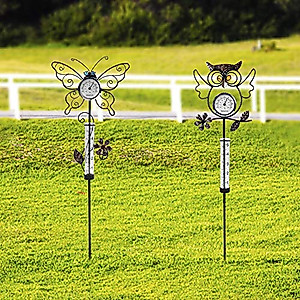 Juegoal 31.5 Inch Rain Gauge with Thermometer, Butterfly & Owl Garden Stakes Decor, Waterproof Rustproof Metal Yard Art Outdoor Lawn Pathway Patio Decorations, Set of 2