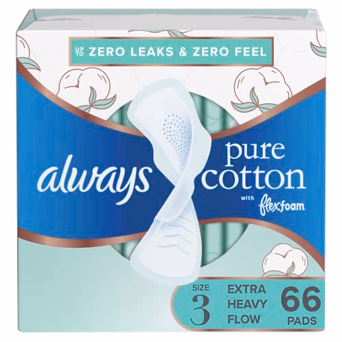 Always Pure Cotton Feminine Pads for Women, Size 3, Extra Heavy Flow, with wings, Unscented, Free of Dyes, Fragrances, and Chlorine Bleaching, 22 Count x 3 Packs (66 Count total)