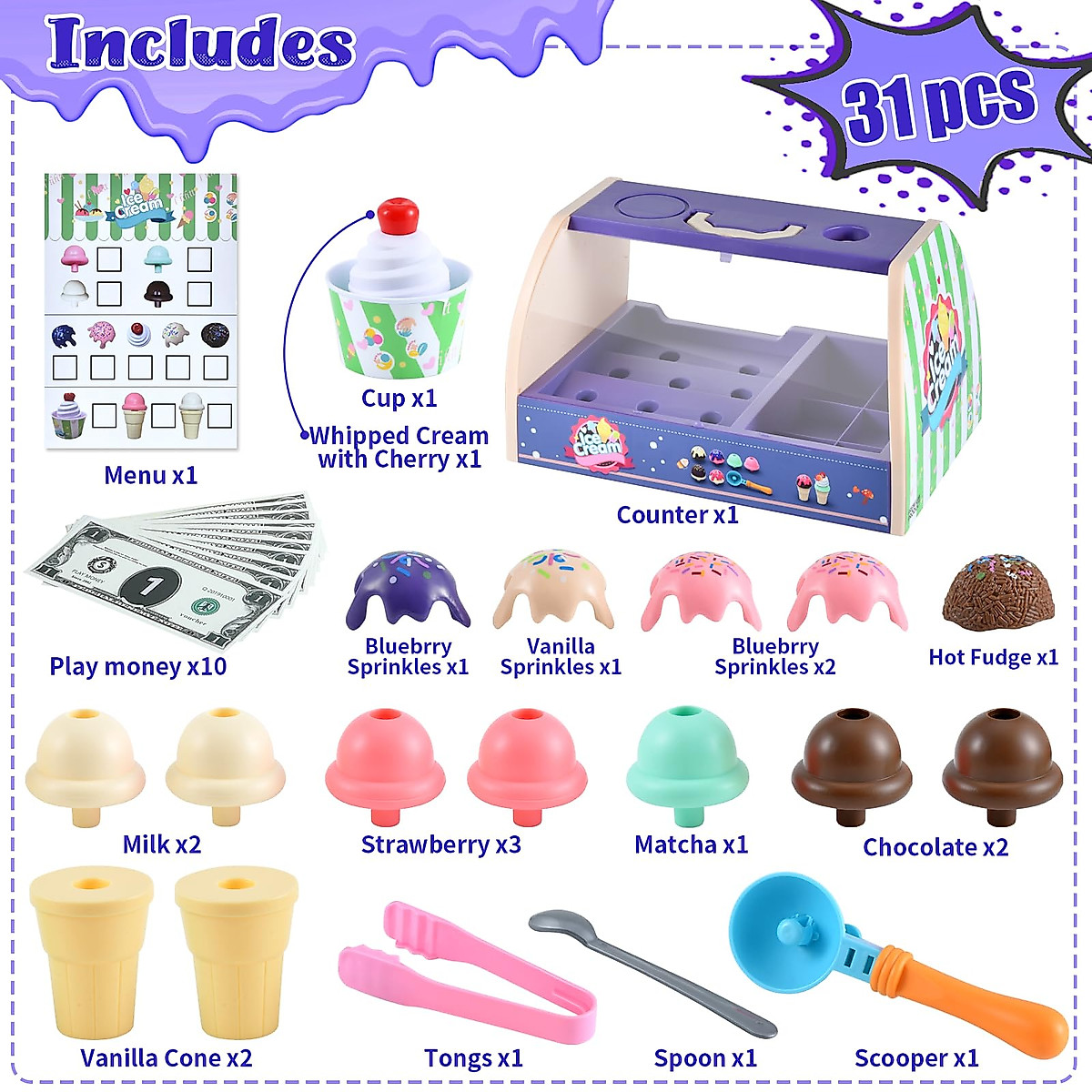 Ice Cream Toys for Kids, Toddler Pretend Play Kitchen Food Accessories, Ice Cream Counter Playset, Pretend Food Toys for 3 4 5 6 Year Old Girls & Boys, Christmas Birthday Toys Gift for Kids