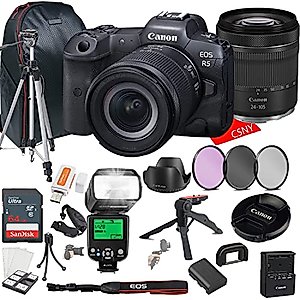 Canon EOS R5 Mirrorless Camera w/RF 24-105mm f/4-7.1 is STM Lens + 64GB Memory + Back Pack Case + Tripod, TTL Flash, Filters, & More (28pc Bundle)