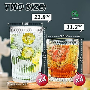 Vintage Drinking Glasses, Romantic Drinking Glasses Set of 8, 4 Highball Glasses 13 oz and 4 Rocks Glasses 9 oz, Textured Striped Drinking Glasses, Vintage Glassware Set for Juice, Beverages, Cocktail