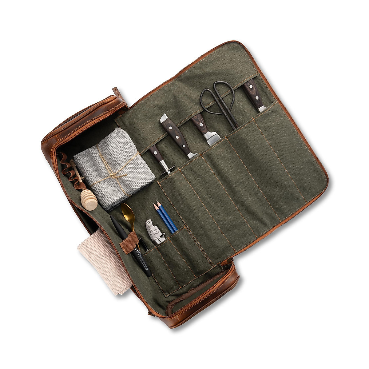 Angus Stoke premium leather knife bag-case, XXL chef's roll bag with huge storage space and extras - waxed vintage buffalo leather, Arvid (Walnut-Brown)