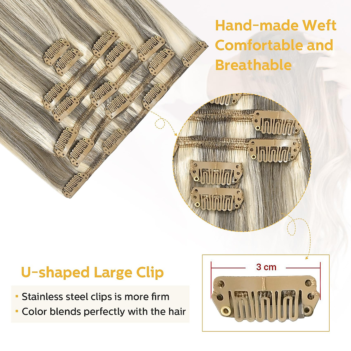 VARIO HAIR Clip in Hair Extensions Blonde Highlighted Human Hair Balayage Hair Extensions Mixed Bleach Blonde 12 Inch 70g Fine Hair Full Head Silky Straight 100% Human Hair Clip In Extensions