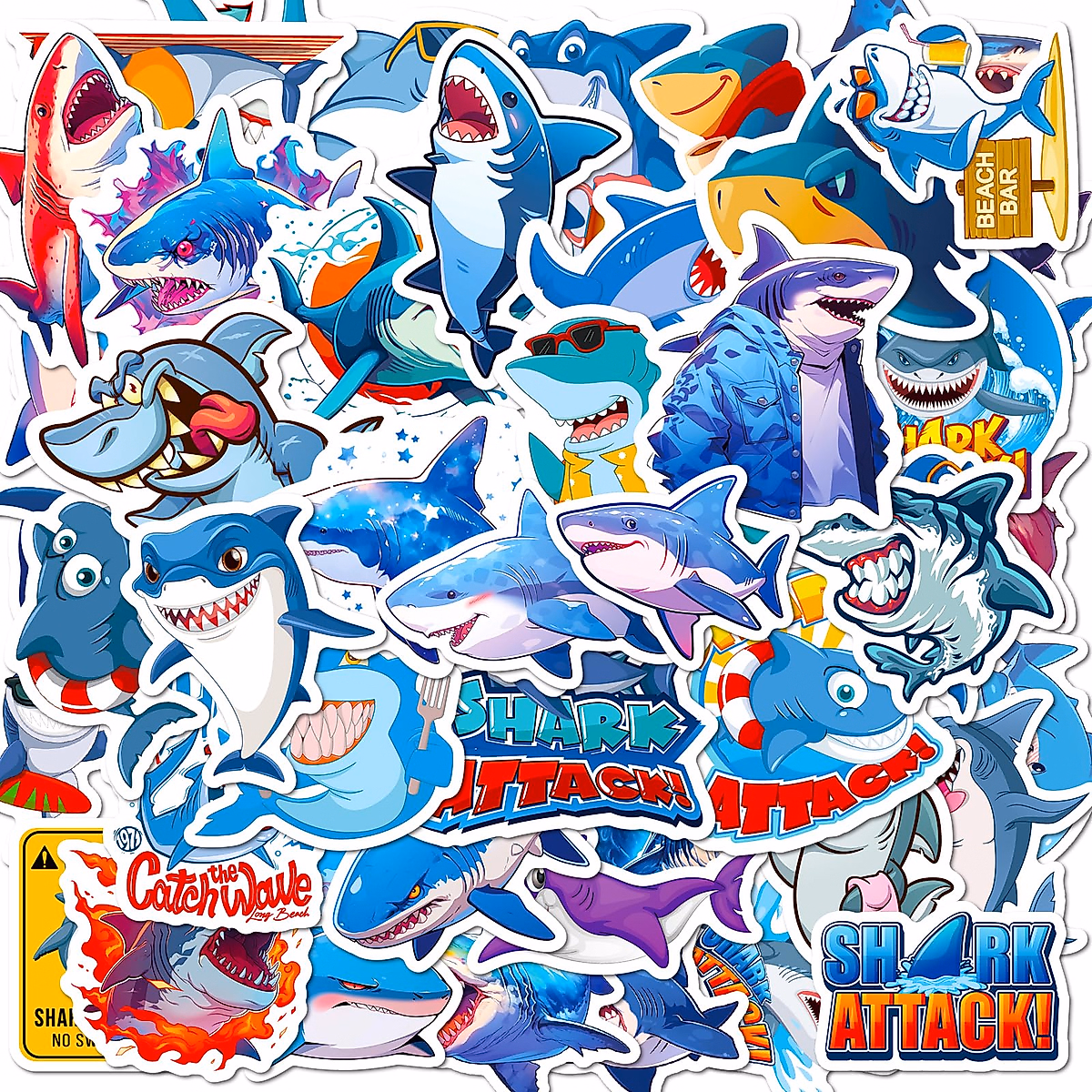 50 Pcs Cool Shark Sticker, Waterproof Stickers for Kids Teens Adults, Shark Vinyl Stickers for Water Bottle,Laptop, Phone, Skateboard Stickers for KidsTeens Girls and Boys
