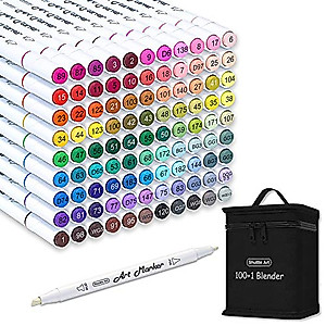 Shuttle Art 101 Colors Dual Tip Alcohol Based Art Markers,100 Colors plus 1 Blender Permanent Marker Pens Highlighters with Case Perfect for Illustration Adult Coloring Sketching and Card Making