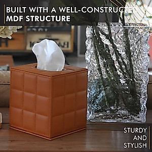 Luxury 5 Star Hotel Style Tissue Box Cover - Sturdy and Stylish Tissue Box Holder with a Custom Height and Modern PU Leather Exterior, 13.5x13.5x15cm - Light Brown