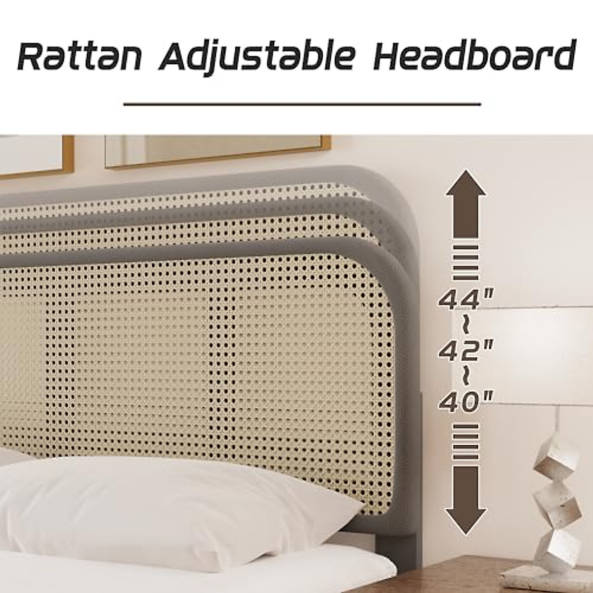 Lifezone Queen Bed Frame with Adjustable Rattan Headboard, Queen Size Bed Frame with Wood Slats Support, Safe Rounded Corner Design, Linen Fabric, High Feet, No Box Spring Needed, Light Grey