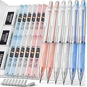 Nicpro 6 PCS Pastel Mechanical Pencil 0.5 & 0.7 mm with Case for School, with 12 tubes HB Lead Refills, 3 Erasers, 9 Eraser Refills For Student Writing, Drawing, Sketching, Blue & Pink & White Colors