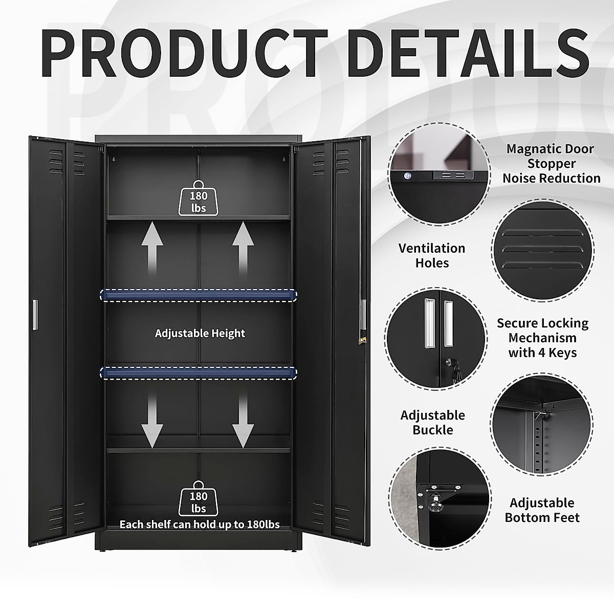 YEEZER Metal Storage Cabinet 72" Garage Storage Cabinet with Doors, 4 Adjustable Shelf Height & Steel Lockable File Cabinet, Tool Cabinets for Office, Home, Gym, School and Kitchens (Black)