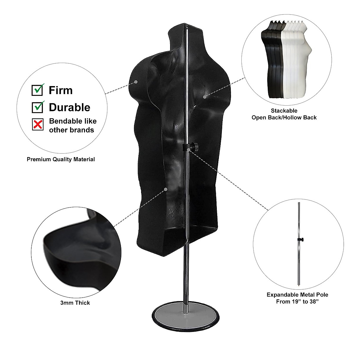 DisplayTown 2 Black Male Mannequin Hollow Back Body Torso Set w/ Clothes Clips, Metal Stands and Metal Poles & Hanging Hooks, S-M Sizes