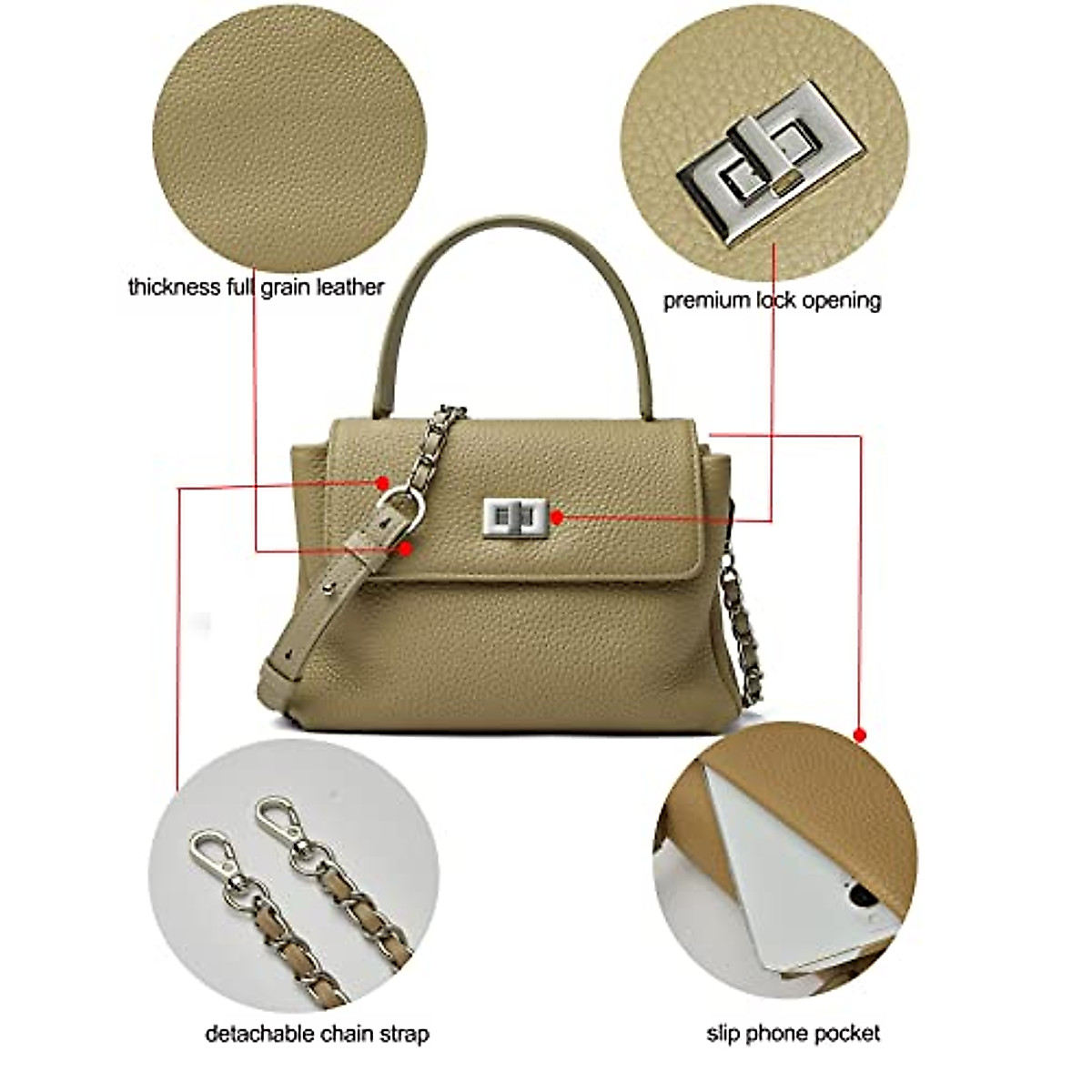 DORIS&JACKY Genuine Leather Top Handle Handbags Small Satchel Crossbody Purse With Lock Flap (3-Grey)