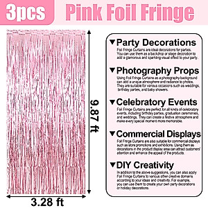 3 Pack Pink Foil Fringe Curtain Backdrop, 3.28Ft x 9.8Ft Metallic Tinsel Foil Fringe Streamer Curtains for Photo Booth, Christmas Day, Thanksgiving, Wedding, New Year Party Decorations