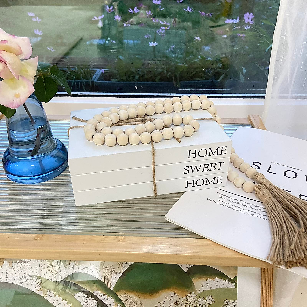 Decorative Books for Home Decor, White Faux Books for Decoration, Rustic Farmhouse Stacked Display Books with 52in Wood Bead Garland for Coffee Tables Living Room, (HOME SWEET HOME)