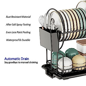 DUANFEE Dish Drying Rack Dish Racks for Kitchen Counter, Dish Drainer with Removable Utensil Holder & Cups Holder, 2 Tier Dish Drying Rack with Drip Tray for Small Kitchen Sink Drying Rack (Black)