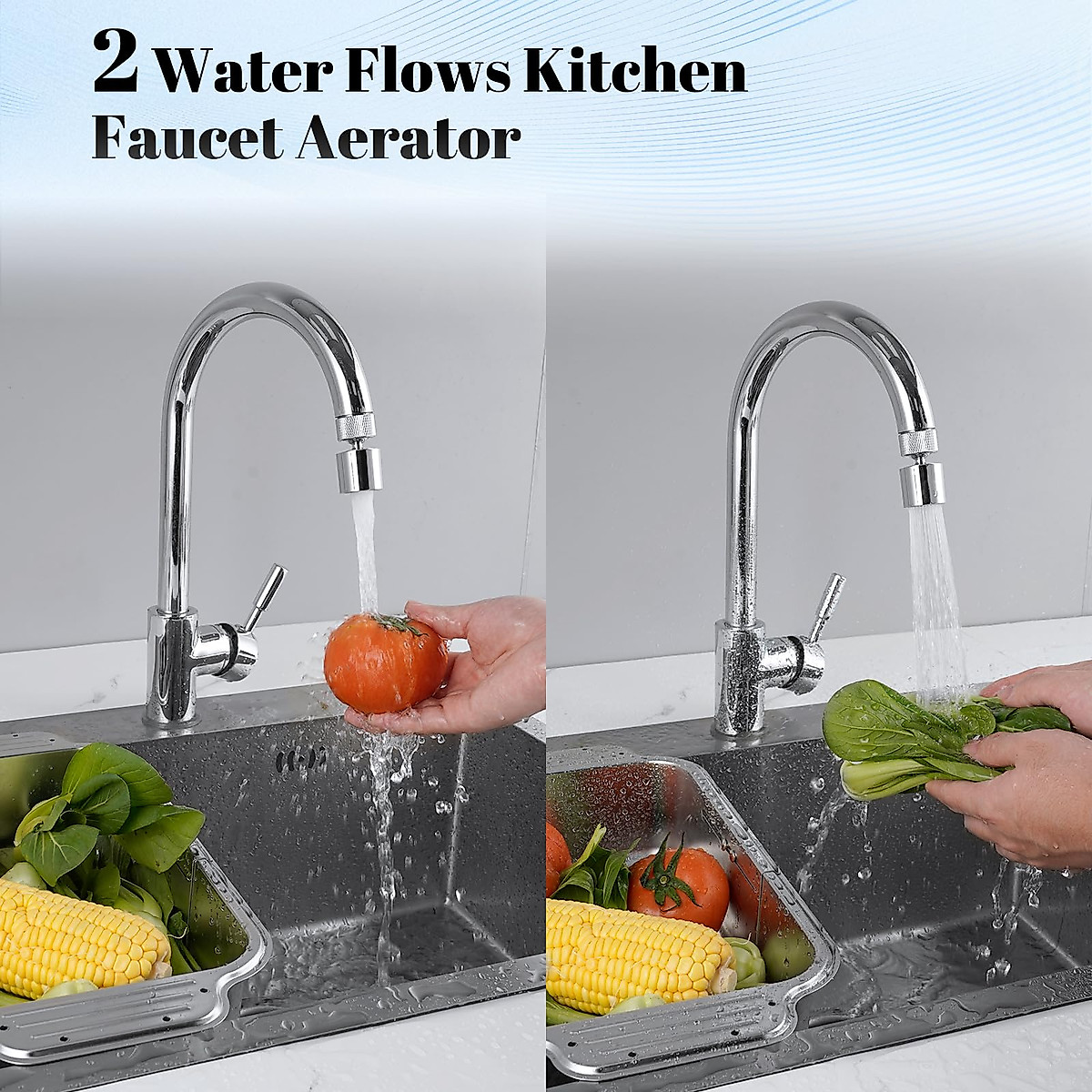 Hibbent Dual-function Metal Faucet Aerator, 2-Flow Big Angle Rotate Kitchen Sink Aerator 360 Degree Swivel Sink Sprayer Attachment, 55/64 Inch Female Thread, Chrome