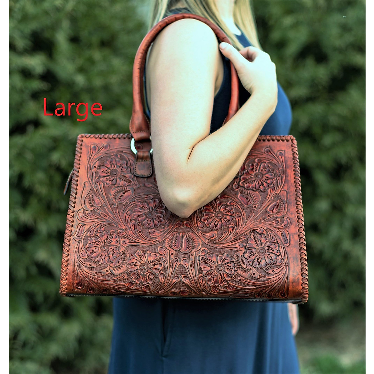 Mauzari Tooled Leather Shoulder Bag Tote for Women (Koa, Large)