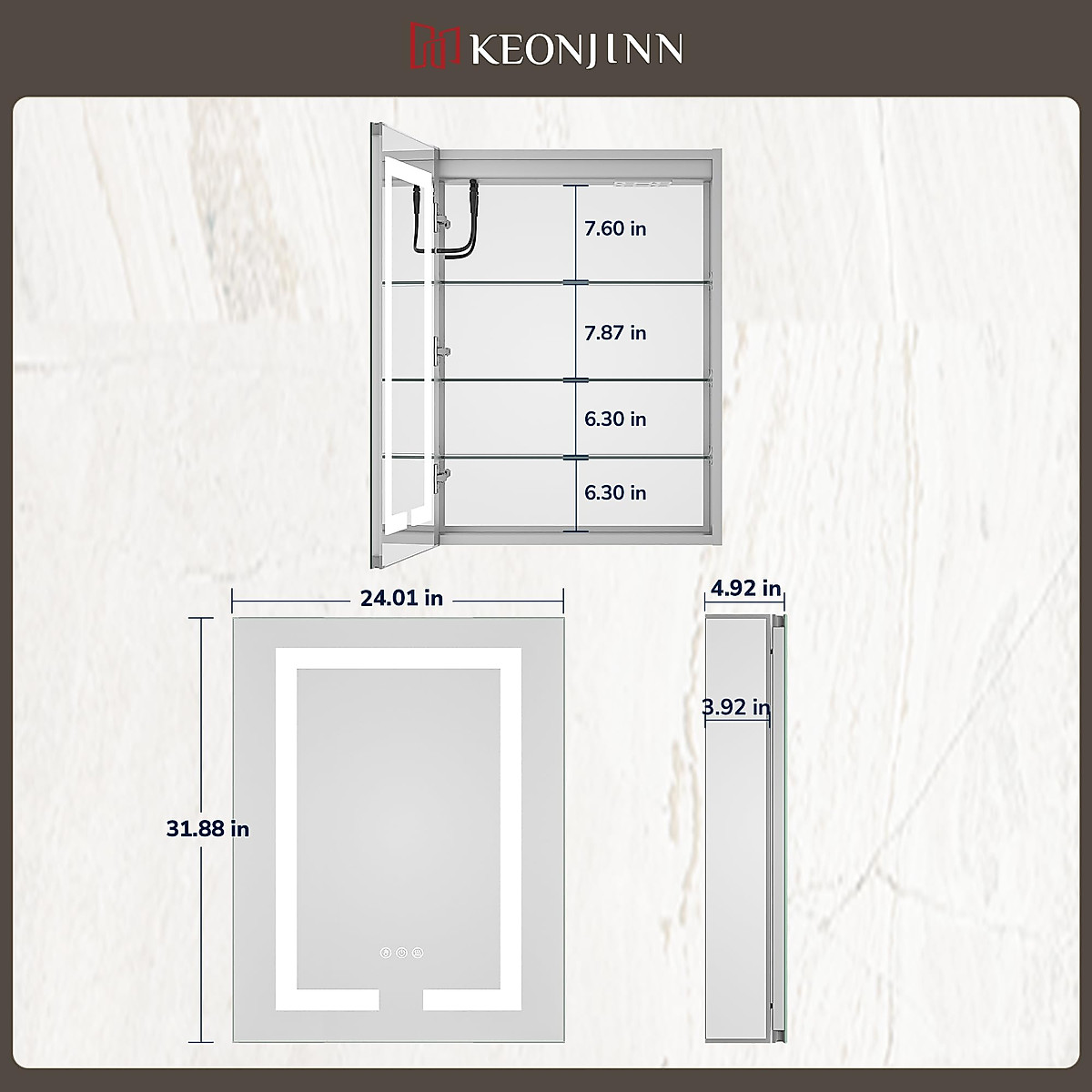 Keonjinn 24 x 32 LED Medicine Cabinet for Bathroom with Light Adjustable Shelves Electrical Outlet Dimmable Defogging 3 Color Light Tempered Glass LED Vanity Mirror with Storage Recessed/Surface Mount