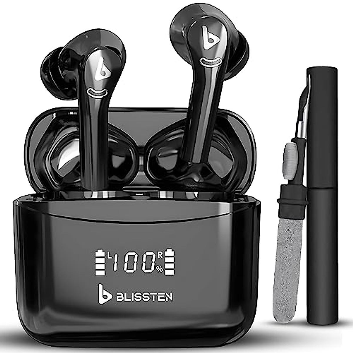 BLISSTEN Wireless Earbuds Bluetooth Headphones 5.3 with Cleaning Pen Tool Touch Control Wireless Charging Case IPX6 Waterproof Earphones in-Ear Noise Cancelling Built-in Mic Deep Bass Sound Black