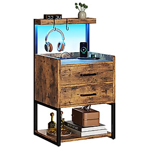 VIAGDO Nightstands Set of 2 with Charging Station, LED Night Stand with 2 Drawers, Rustic Brown Modern Bedside Tables with Open Storage Shelves, End Side Tables for Bedroom, Office
