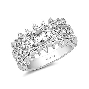 Jewelili Enchanted Disney Fine Jewelry Sterling Silver 5x5 MM Cushion Shape White Topaz and 1/3 Cttw Natural White Round Diamond Majestic Princess Engagement Ring, Size 8