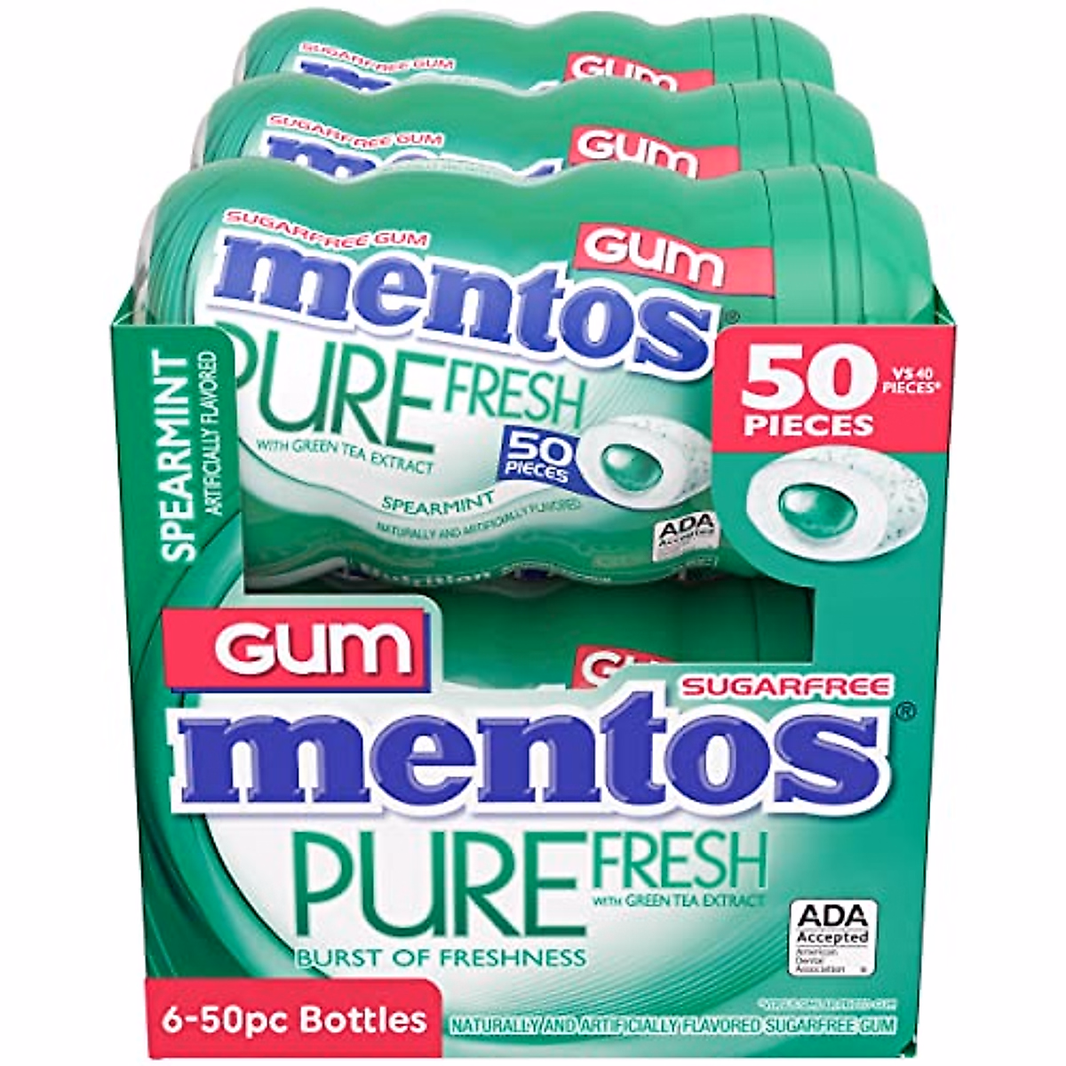 Mentos Pure Fresh Sugar-Free Chewing Gum with Xylitol, Spearmint, 50 Piece Bottle (Bulk Pack of 6)