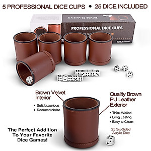 RNK Gaming 5 Pack of Professional Dice Cups PU Leather and Brown Velvet Lined, Includes 25 White Six-Sided Dice