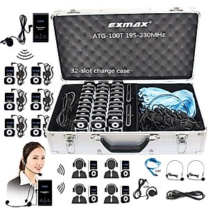 EXMAX ATG-100T 195MHz Wireless Tour Guide System Voice Audio Transmission +32-Slot Charge Case for School Teaching Tour Guides Conference Church Translation City Trip(2 Transmitters and 30 Receivers)
