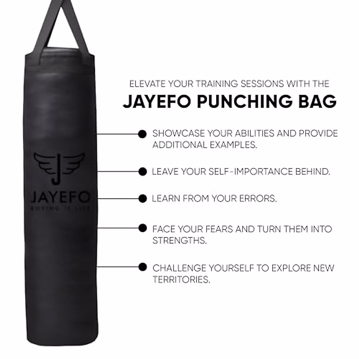 Jayefo Sports Punching Bag - Hanging Boxing Bag for MMA, Karate, Judo, Muay Thai, Kickboxing, Self Defense Training for Training at Home or Gym - Unfilled Heavy Bag 70 to 100 lbs - 4FT - Black