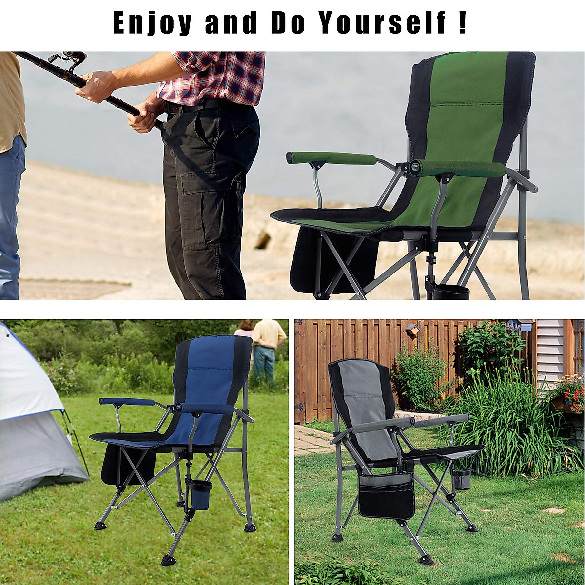 MaiuFun Portable Camping Chair Folding Heavy Duty Quad Outdoor Large Chairs Support 330 lbs High Back Padded Thicken Oxford with Armrests, Storage Bag, Cup Holder, Carry Bag for Outside(Green)