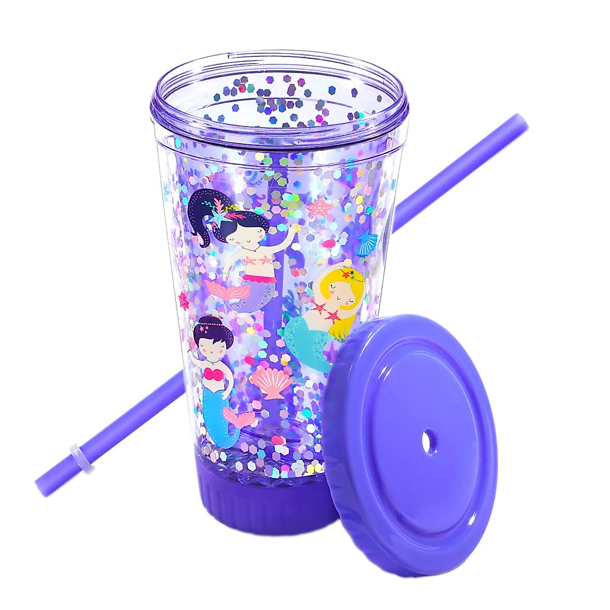 GILANO 18oz Kids Tumbler Water Drinking Bottle with LED Light Up - BPA Free, Straw Lid Cup, Reusable, Lightweight, Spill-Proof Water Bottle with Cute Design for Girls & Boys (Mermaid)