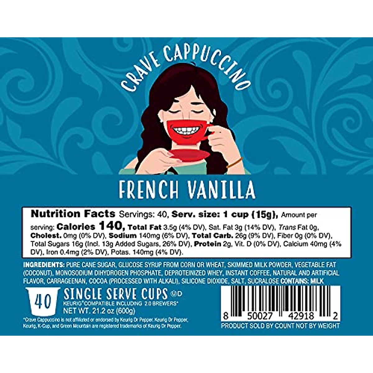 Crave Beverages Cappuccino Pods, French Vanilla Cap for Keurig K Cup Brewers, 40 Count