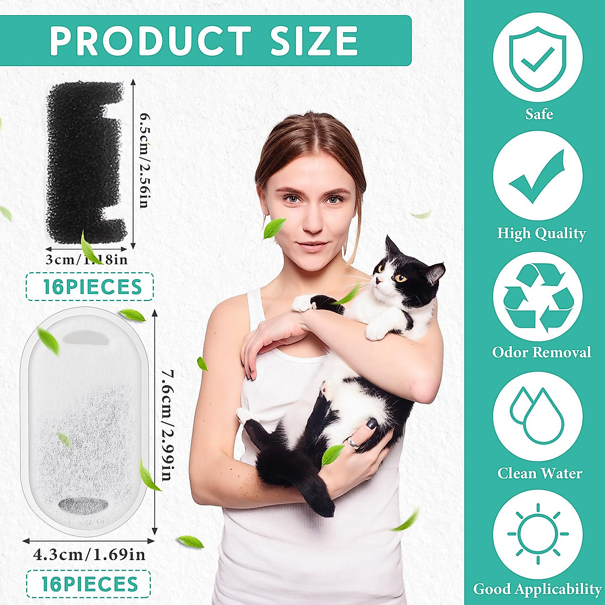 VIHOSE 32 Pack Cat Fountain Filters for Stainless Steel Pet Water Dispenser Fountain Filters, 16 Cat Fountain Filter Replacement with 16 Sponges, 67oz/2L Pet Fountain