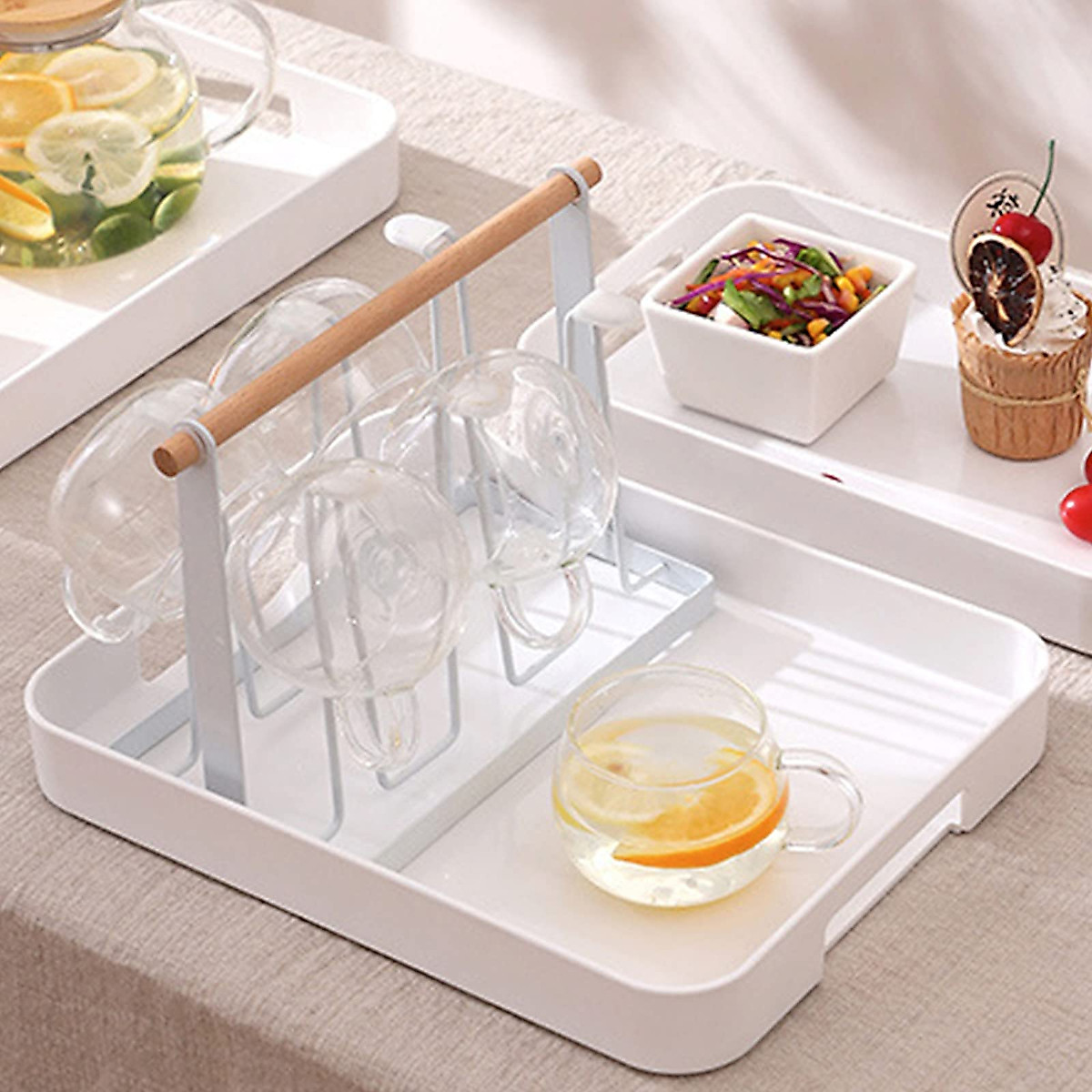 Alacati, White Serving Tray with Handles for Multipurpose, Stackable Rectangle Plastic Serving Platter Ottoman Coffee Table Tray, Decorative Tray for Kitchen Counter Bathroom Vanity Organizing -（L）