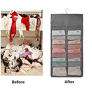 Storage hanging bag, Dual-Sided Hanging Bra Storage Organizer with Metal Hanger, Dual-Sided Hanging Storage Organiser for Underwear, Panties，Stocking,Bra and Sock (5+10 Pockets, Gray)